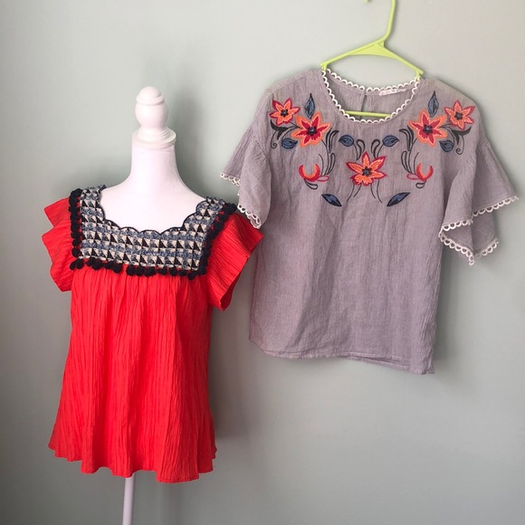 THML | Tops | Thml Embroidered Blouse Top Bundle Coral Navy Tassel ...